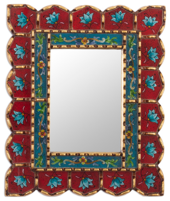 Novica Handmade Cusco Blossoms In Red Reverse-Painted Glass Wall Mirror ...