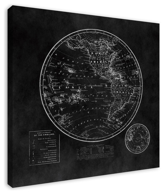 Round World Map Black Canvas Wall Art, 36x36 - Contemporary - Prints ...