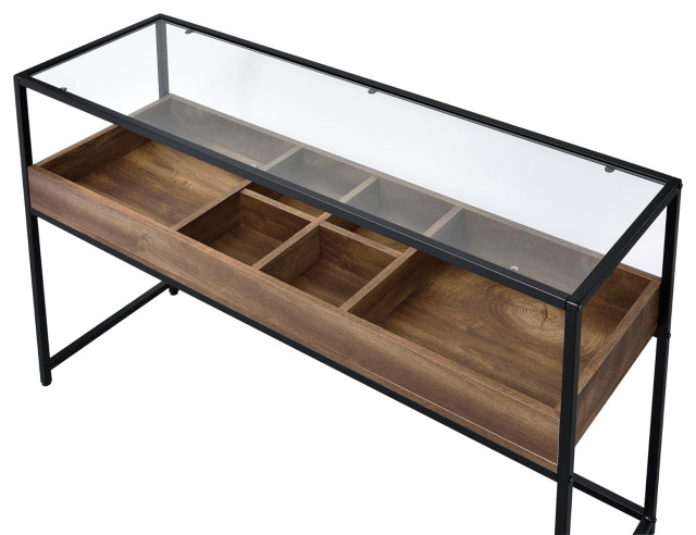 Contemporary Console Table, Glass Top & Middle Shelf With Compartments ...
