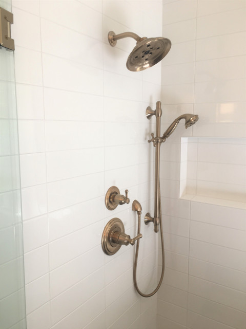 MASTER BATHROOM - White and Dark Gray Tile, Japanese Soaker Tub, Corner ...