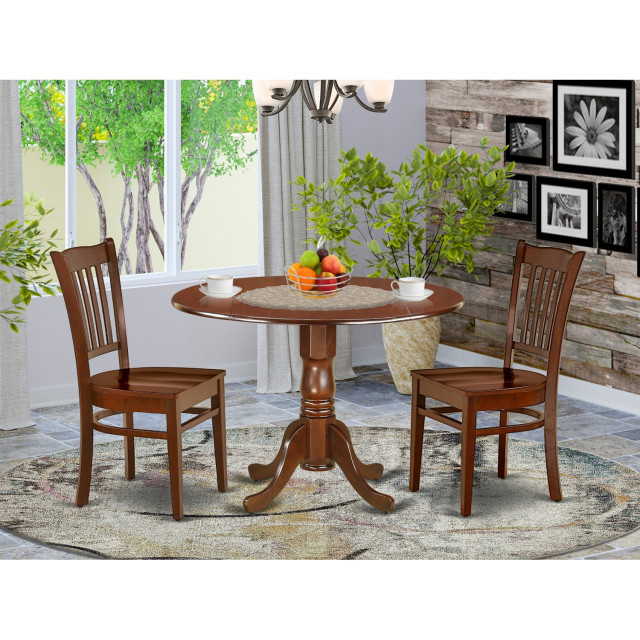 3Pc Round 42 Inch Dining Table, Two 9-Inch Drop Leaves And 2 Wood Seat ...