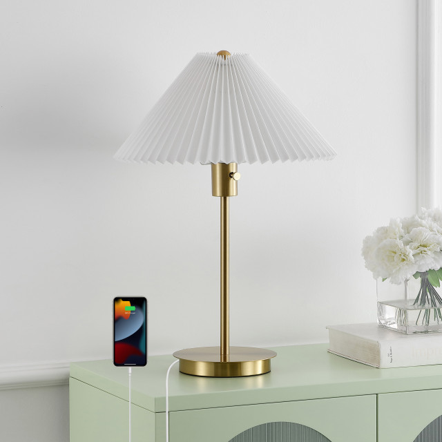 21.25" Metal Column LED Table Lamp, USB Port, Pleated Shade, Brass Gold ...