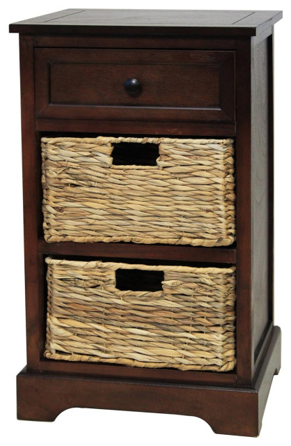 Traditional Nightstand, Hardwood Frame With Drawer & 2 Rattan Baskets ...