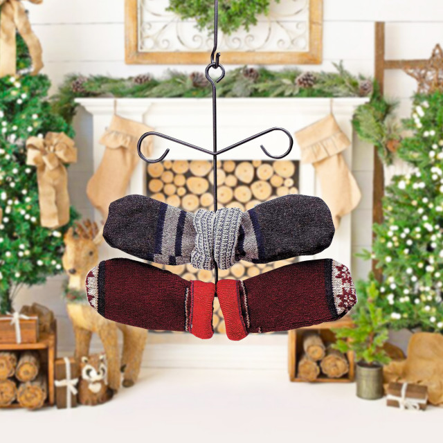 Black Christmas Stocking Holder Stand Mitten Rack 17.5" Iron 6 Hook ...