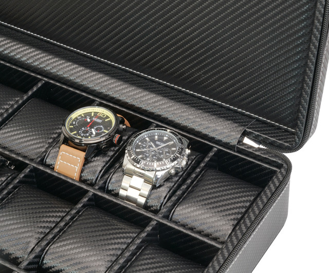 24 Slot Watch Briefcase, Black Carbon Fiber Zippered Travel Storage ...