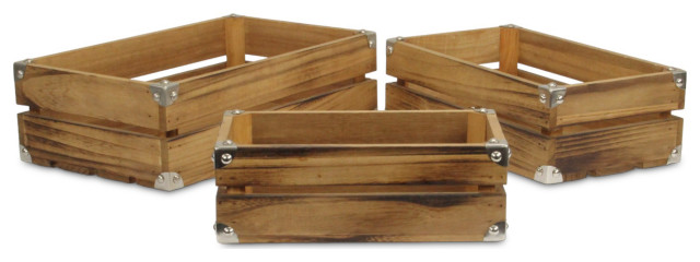 Rustic Farmstead Dark Brown Studded Wood Crate Set - Rustic - Storage ...