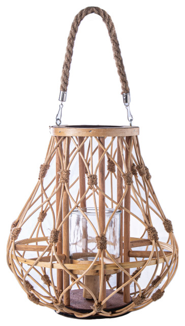 Wood Lantern with Top Rope and interlocking Design Natural Brown Finish ...