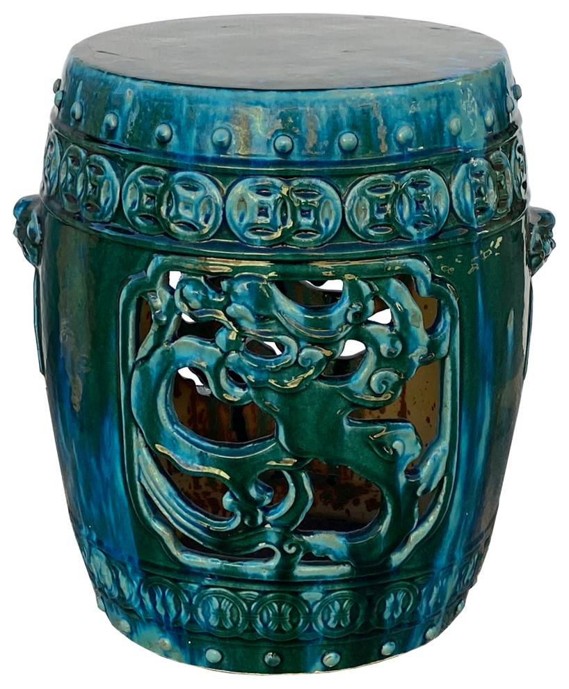 Chinese Green Blue Round Dragon Clay Garden Stool Table Hws924 - Asian ...