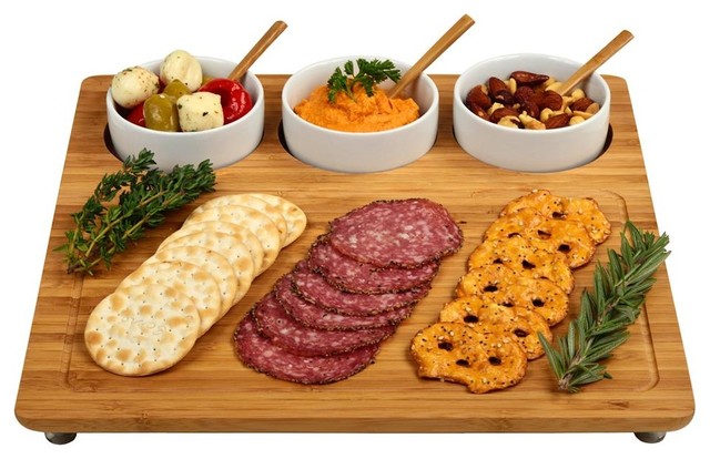 Bamboo and Ceramic Three Bowl Entertaining Set - Transitional - Cheese ...