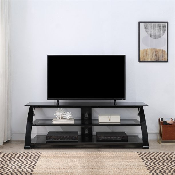Modern V-Shaped TV Stand with Smoked Glass Shelves and Black Metal ...