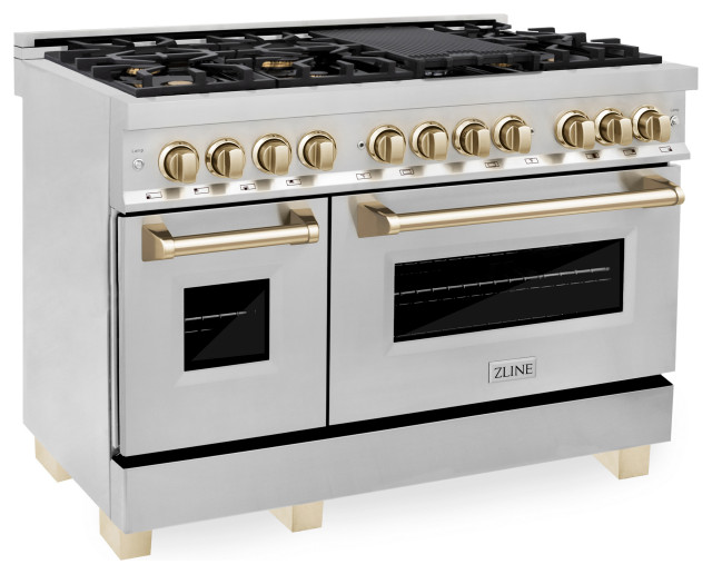ZLINE 48" Dual Fuel Range, Stainless Steel With Gold Accents, RAZ-48-G ...