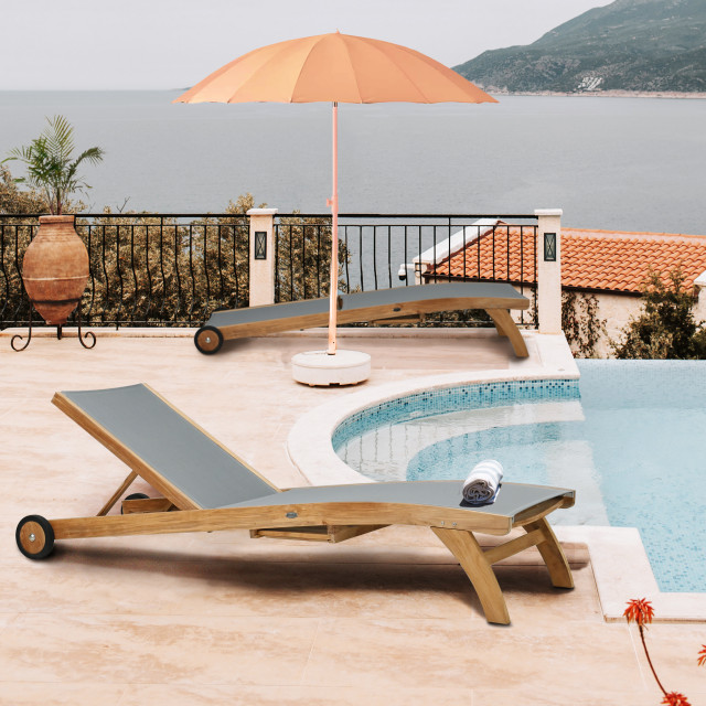 Teak Wood Bahama Pool Lounger With Batyline Mesh, Grey - Transitional ...