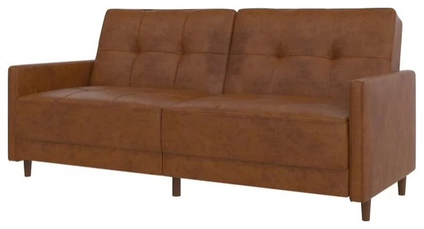 Retro Modern Coil Futon with Camel Faux Leather and Tufted Split Back ...