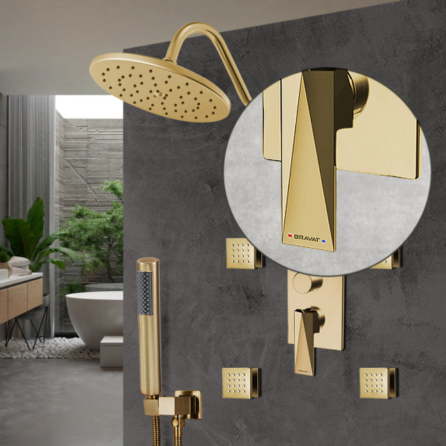 Bravat Brushed Gold Shower Set, Valve Mixer 3-Way Concealed Wall ...