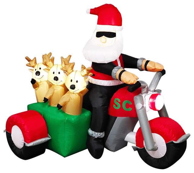 6 ft Tall Prelit Santa on Motorcycle With Reindeer Sidecar Inflatable ...
