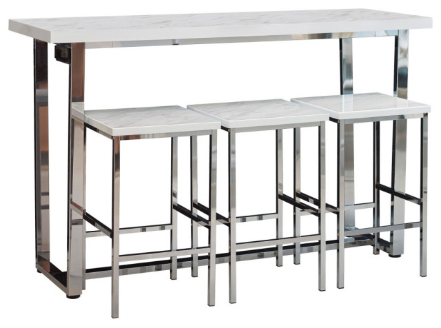 Marmot 4-piece Rectangular Counter Height Set White Marble and Chrome ...