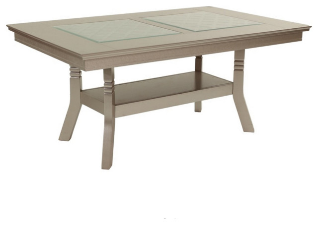 Teme 66 Inch Dining Table, Glass Top, Lower Shelf, Beige Rubberwood ...