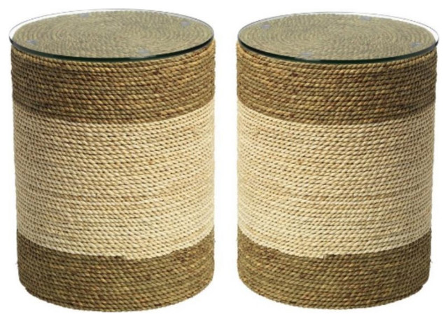 Home Square Straw Rope and Glass Side Table in Natural - Set of 2 ...