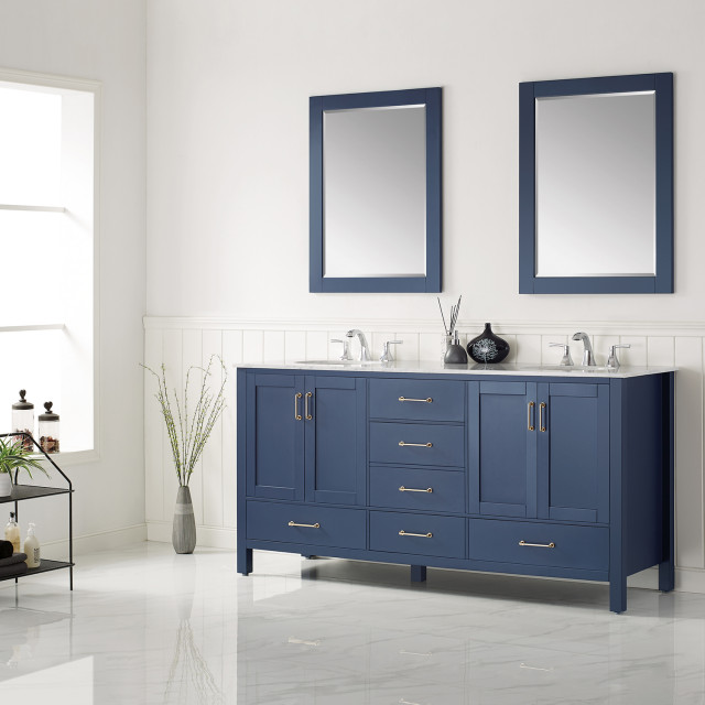 Gela Vanity, Royal Blue, Carrara White Marble Countertop, 72 ...
