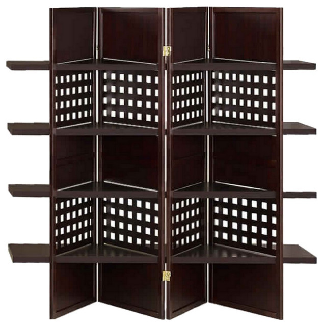4 Panel Wooden Screen with 4 Shelves and Cut Out Details, Dark Brown ...