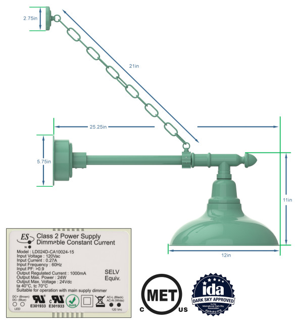 Gooseneck Barn Light With Vintage Arm With Chain, 12" - Farmhouse ...