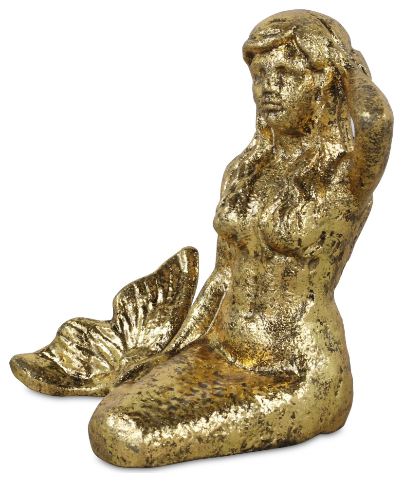Ceili Golden Cast Iron Mermaid Statue - Beach Style - Decorative ...