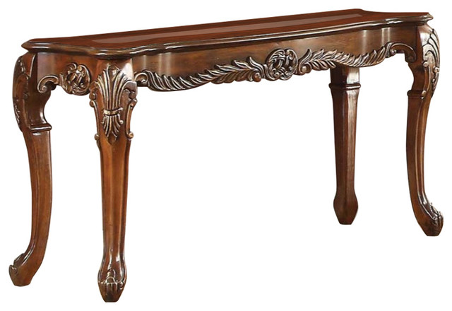 Traditional Style Engraved Sofa Table With Marble Inset, Warm Cherry ...