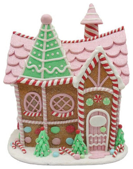 December Diamonds 9-inch LED Pink Gingerbread House Figurine ...