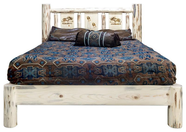 Montana Woodworks Wood King Platform Bed with Engraved Moose Design in ...