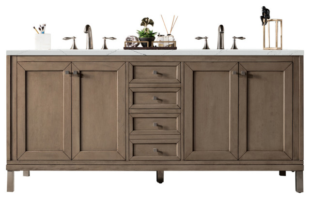 Chicago 72" Double Vanity, Whitewashed Walnut W/ 3 Cm Ethereal Noctis ...