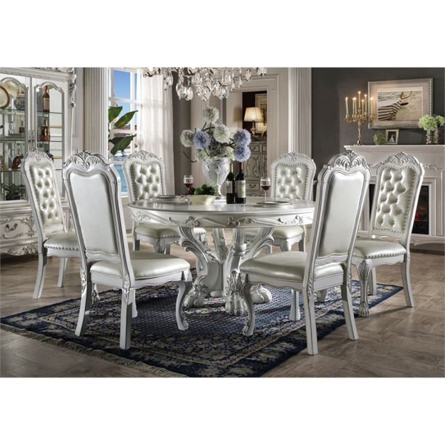 ACME Dresden Round Wooden Top Dining Table with Pedestal Base in Bone ...
