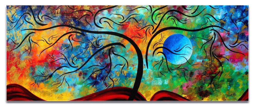 Landscape Painting 'Blue Moon Rising', Abstract Tree Art on Metal or ...