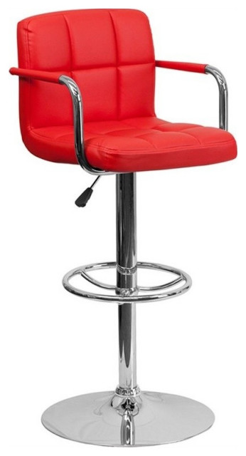 Contemporary Red Quilted Vinyl Adjustable Height Barstool, Arms and ...