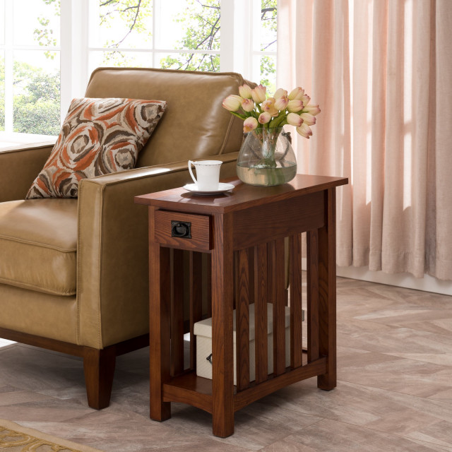 Traditional Mission Side Table, Narrow Design With Drawer & Shelf, Wood ...