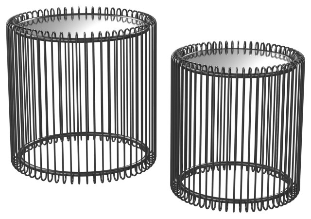 Set of 2 End Table, Elongated C-Shaped Wire Support & Mirrored Round ...
