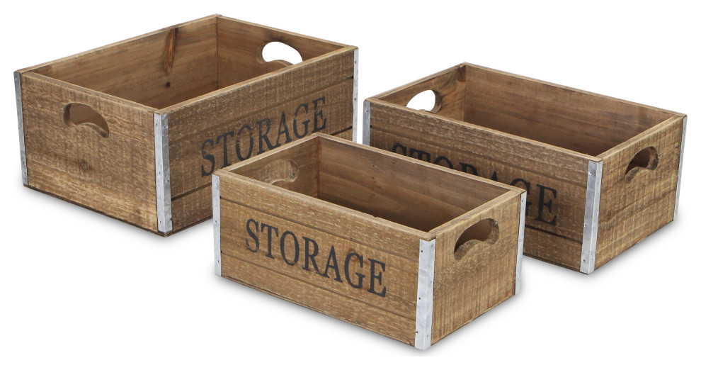 3-Piece Leo Wooden "Storage" Crate Set - Rustic - Storage Bins And ...