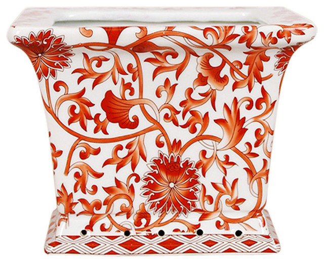 Set of 2 Orange and White Twisted Lotus Square Porcelain Flower Pots 6 ...