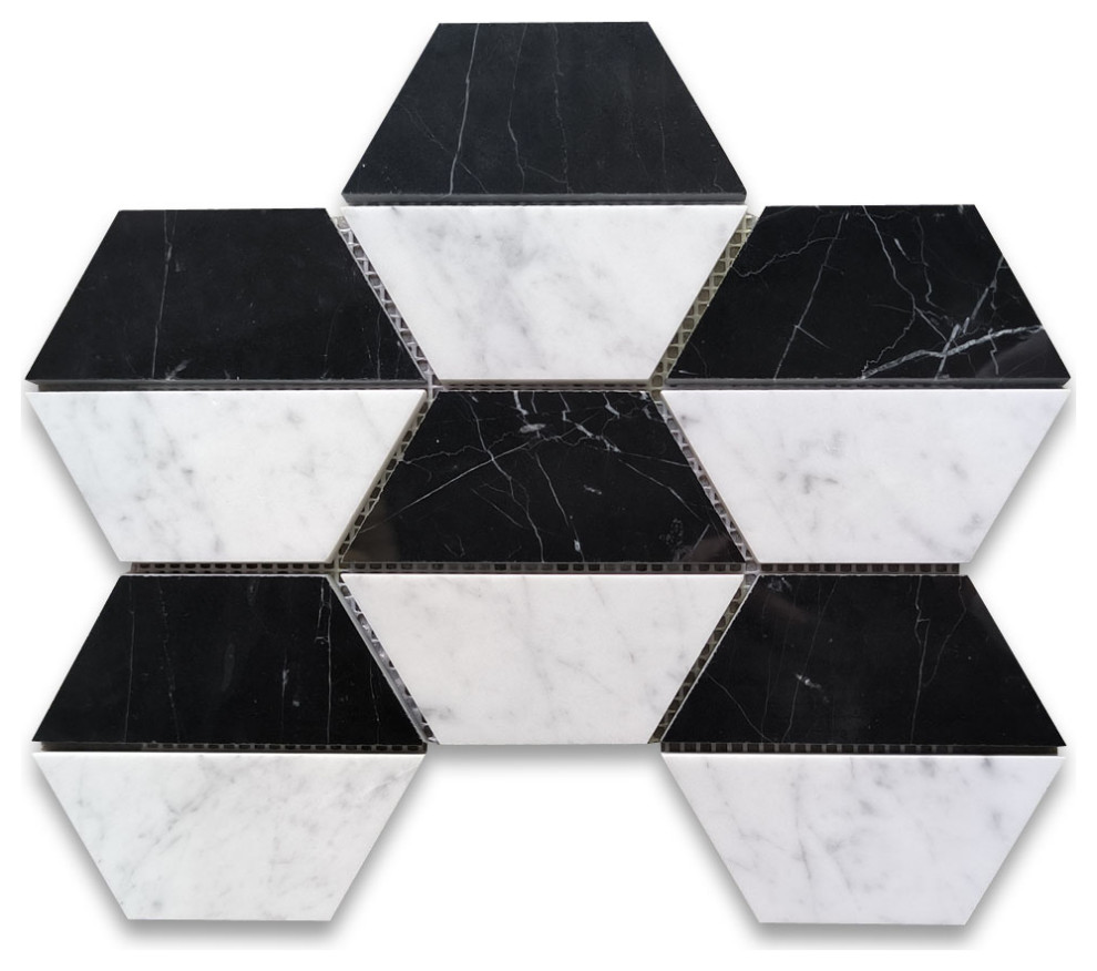 Carrara White Marble Trapezoid Split Hexagon Mosaic Tile Black, 1 Sheet ...