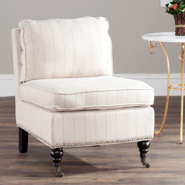 Unique Accent Chair with Patterned Linen Seat and Piping Trim Accent ...