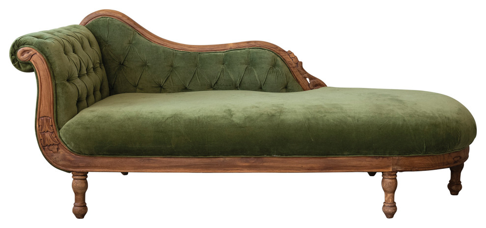 Cotton Velvet Chaise Lounge With Carved Wood Frame, Green - Eclectic ...