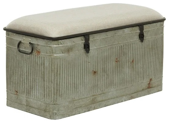 Farmhouse Galvanized Metal Storage Bench with Cushioned Seat ...