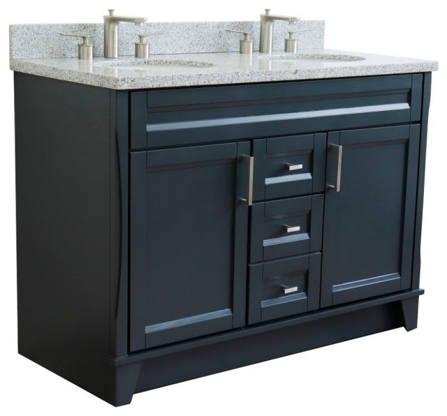 48" Double Sink Vanity, Dark Gray Finish With Gray Granite And Oval ...