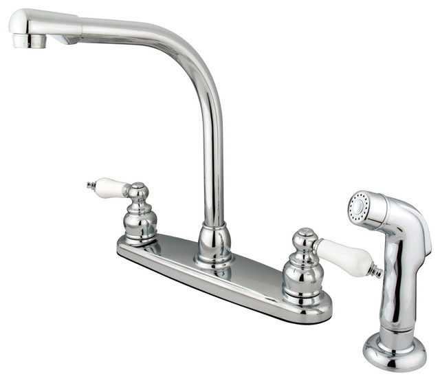 High Arch Kitchen Faucet, Oak, Porcelain Lever Handles, Sprayer ...