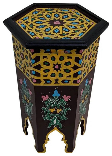 Small Moroccan Hexagonal Hand Painted Wooden Side Table, Maroon Zouak ...