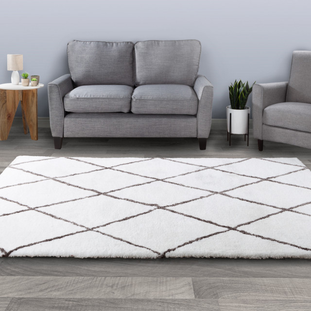 Diamond Shag Area Rug- Plush Gray and Ivory Pattern Carpet- Modern ...