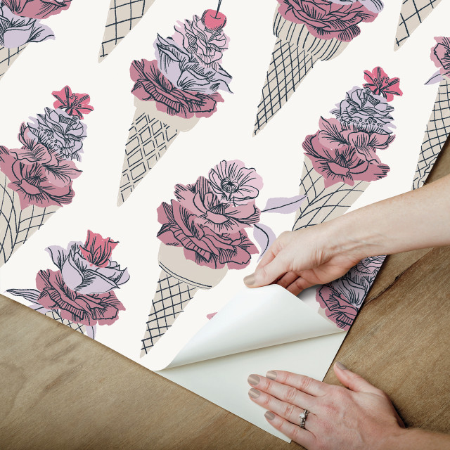 Pink Floral Ice Cream Peel and Stick Wallpaper, Swatch - Contemporary ...