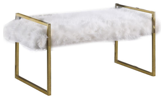 Jamie White Faux Fur Accent Bench With Gold Frame - Contemporary ...