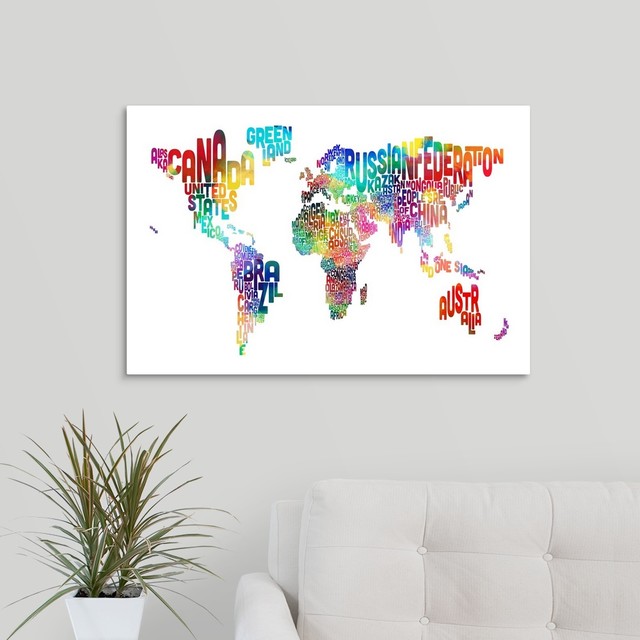 Text Map of the World Wrapped Canvas Art Print, 30"x20" - Contemporary ...
