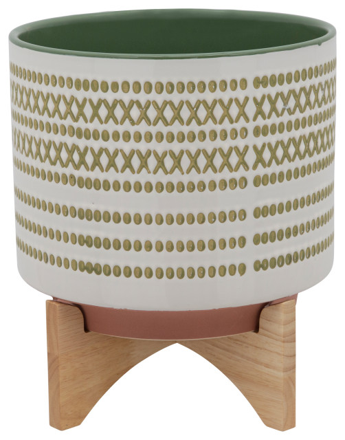 10" Aztec Planter With Wood Stand, Olive - Contemporary - Indoor Pots ...