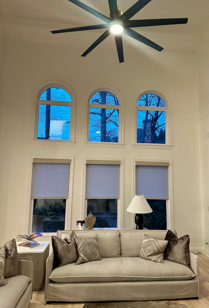 2 story family room window treatment